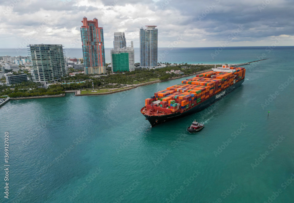 Miami, Florida, USA - January 16, 2025: Cargo ship with container in ...