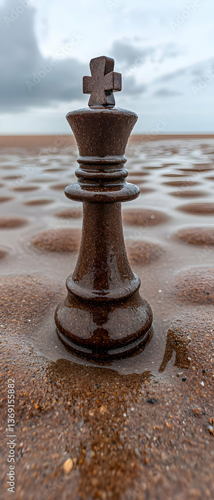 Dark Brown Chess King on Wet Sand Beach Stock Photo | Adobe Stock