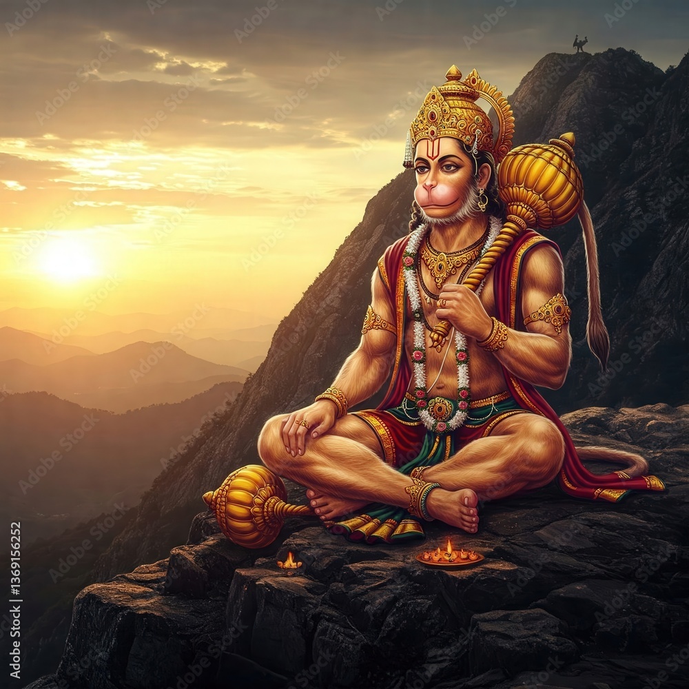 Lord Hanuman Ji Sitting on Mountain Peak, Divine Hanuman Ji Photo 4K HD ...