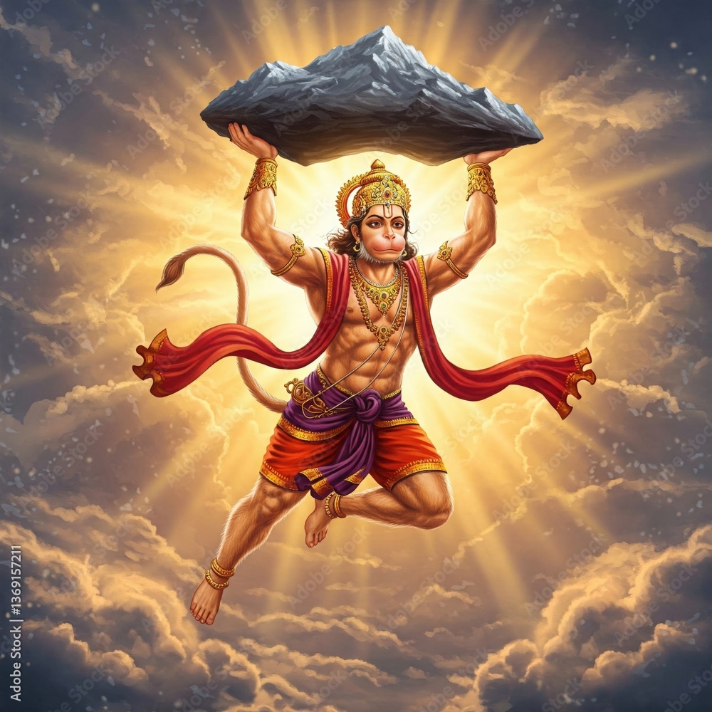 Lord Hanuman Ji Carrying Sanjeevani Mountain, Powerful Flying Hanuman ...