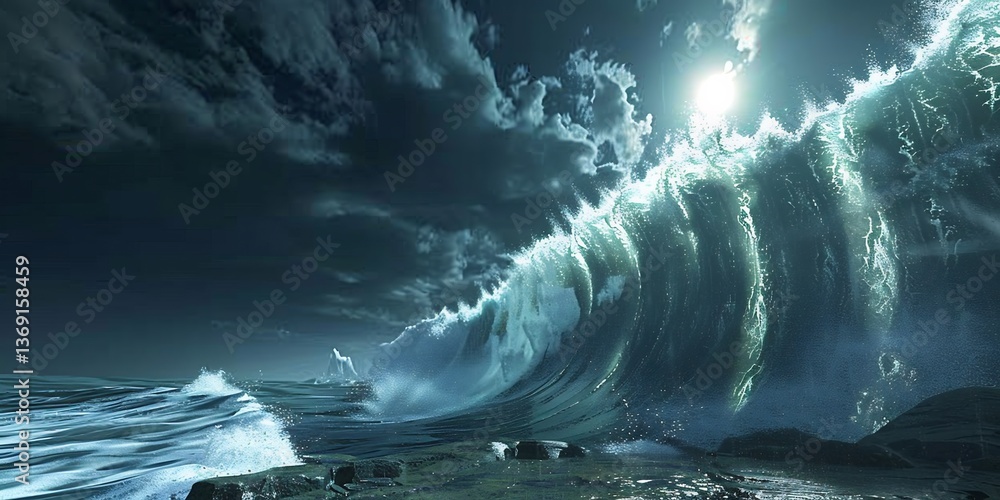 Epic tsunami like wave forming towering wall of water immense scale ...