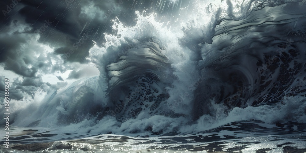 Epic tsunami like wave forming towering wall of water immense scale ...
