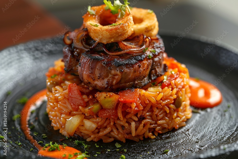 Nigerian Jollof Rice tower with seared chicken thigh slice, fried ...