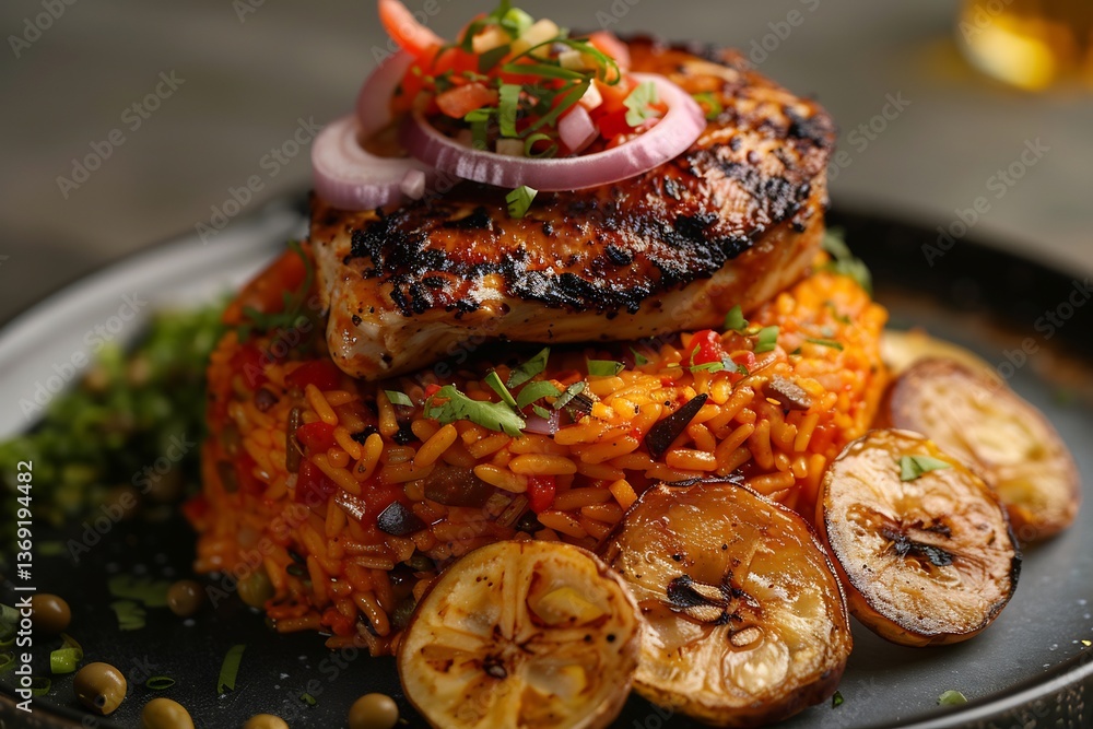Nigerian Jollof Rice tower with seared chicken thigh slice Stock Photo ...