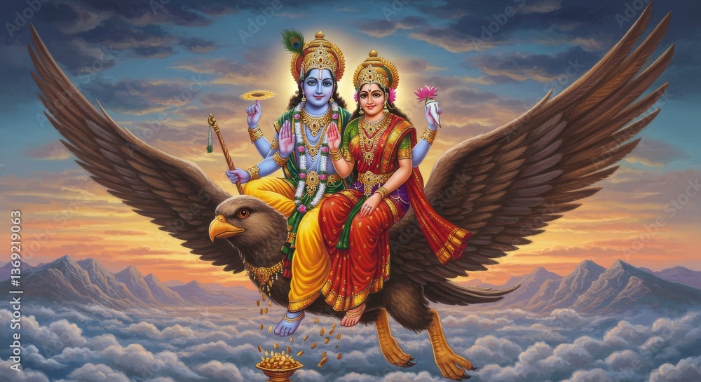 Lord Vishnu and Goddess Lakshmi on Garuda Stock Illustration | Adobe Stock