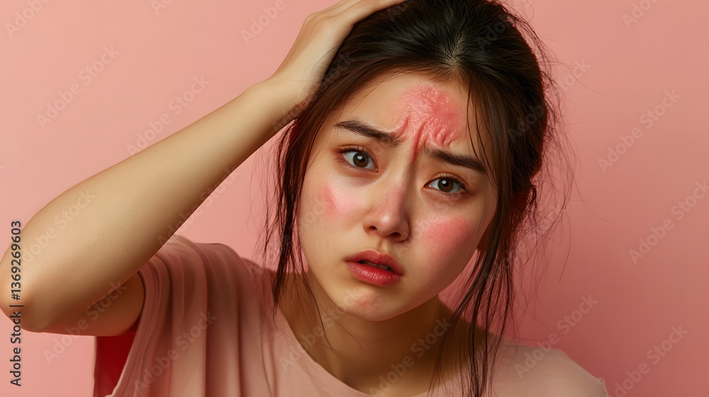 9. Young Asian woman with a red rash on her face, looking distressed ...