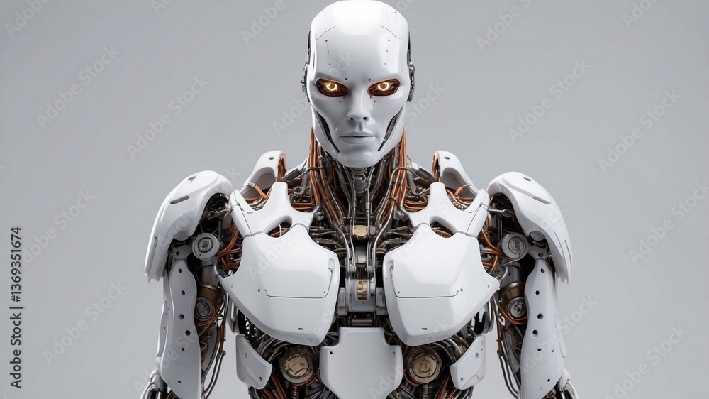 Realistic humanoid robot with futuristic design on white background ...