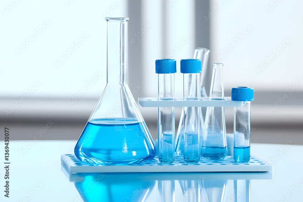 Laboratory Erlenmeyer Flask and Test Tubes Filled with Bright Blue ...