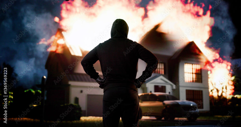 Arsonist In Front Of House On Fire Stock Photo | Adobe Stock