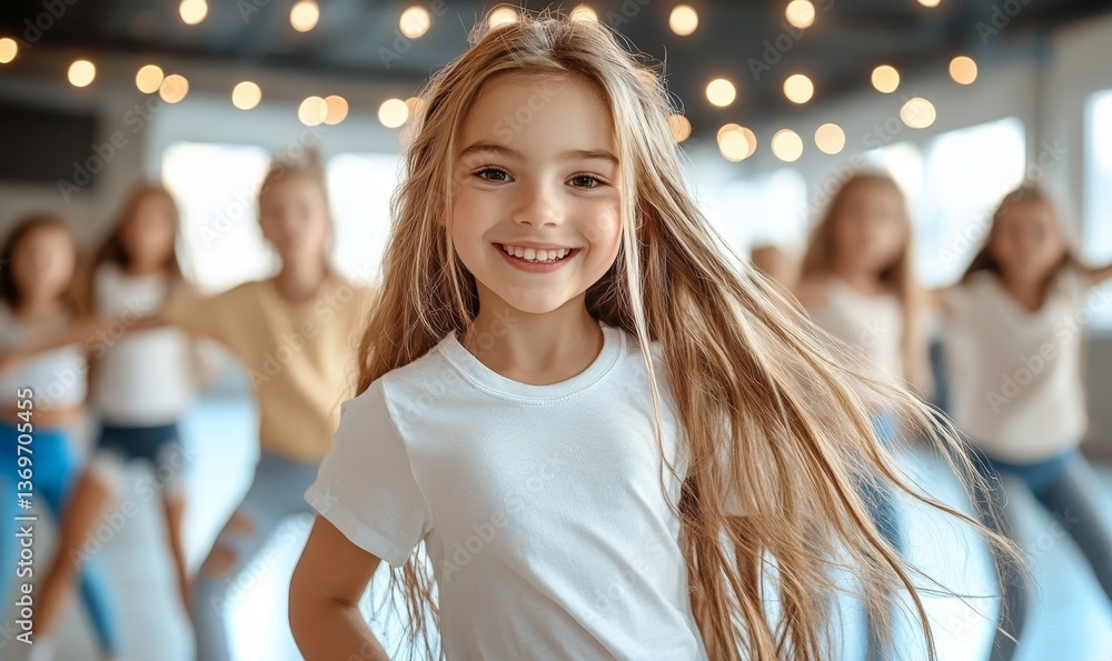 Smiling little girl training movements of vigorous dance with group of ...
