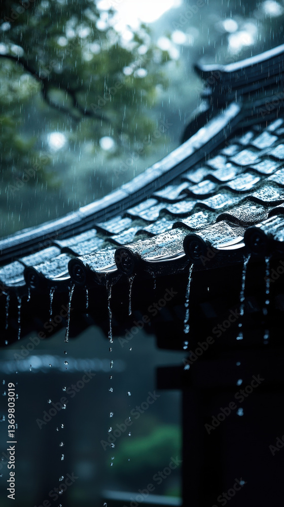 Rainwater Dripping from Traditional Roof Tiles Stock Photo | Adobe Stock