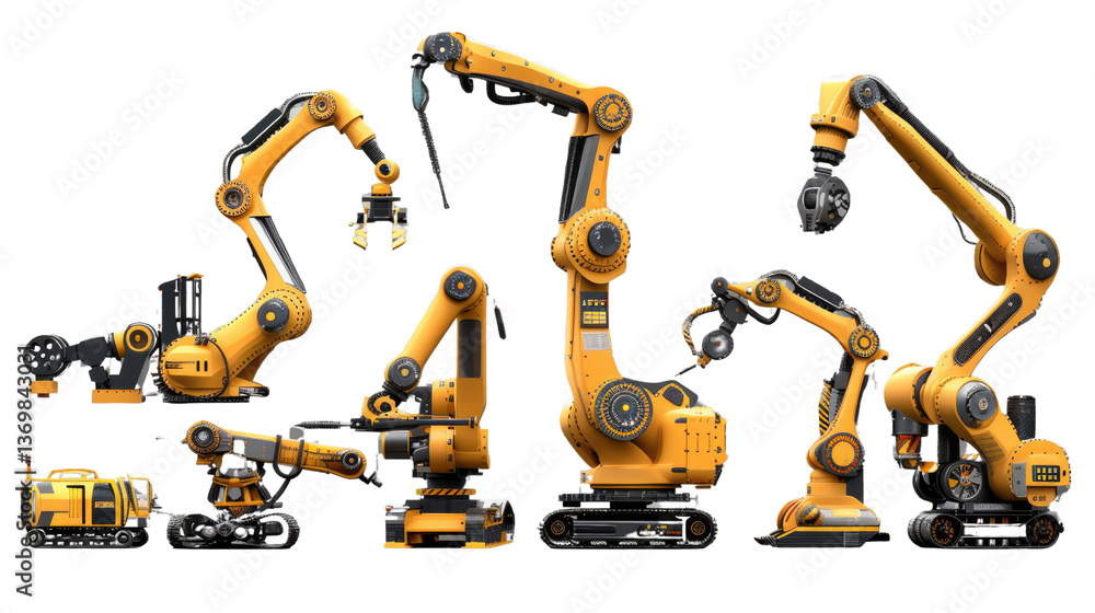 Industrial Automation: A cluster of industrial robotic arms, displaying ...