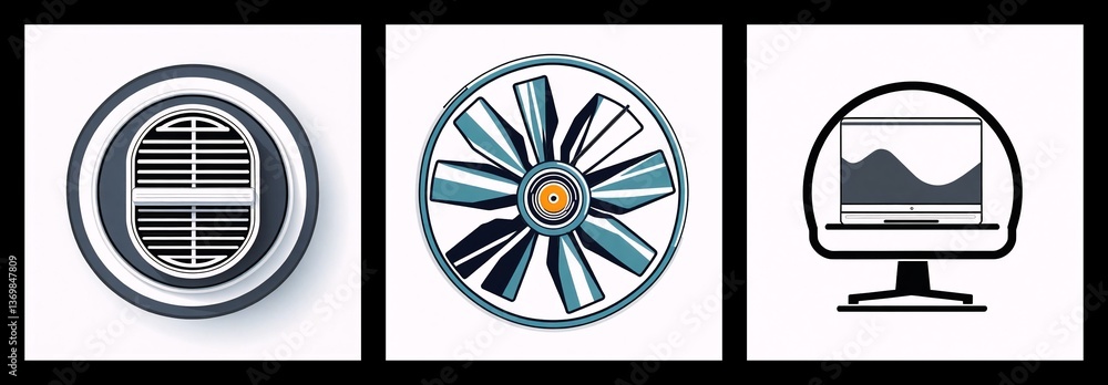 Three icons represent systems: a vent for air circulation, a fan for ...