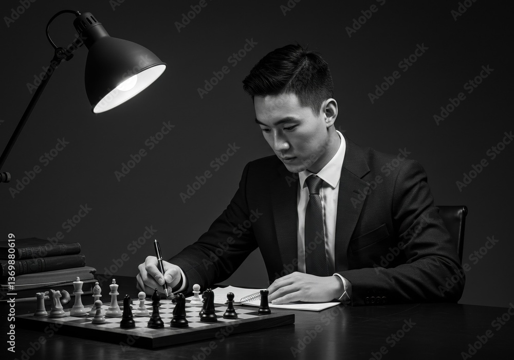 Strategic Chess Planning by Businessman Under Desk Lamp, Focused ...