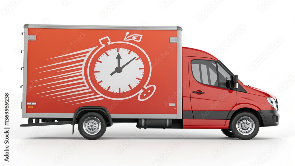 red delivery truck with large clock graphic on its side symbolizes fast ...