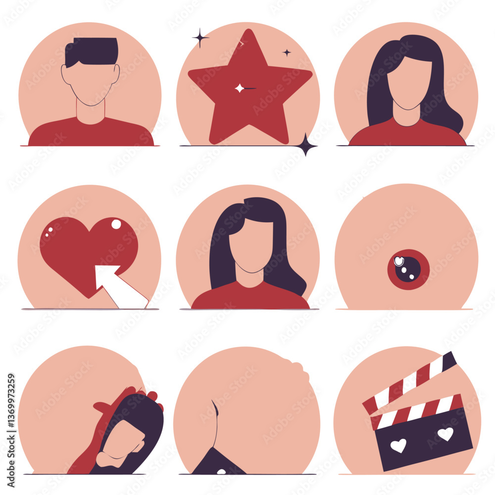 Minimalist icon set, social media avatars, pink and red color scheme ...