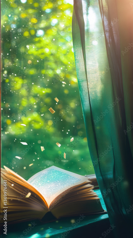 Open book by a window with sunlight and floating pages Stock Photo ...