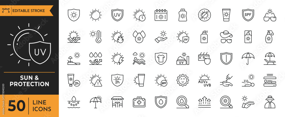 Sun & Protection outline icon set. Contains icons sunscreen ...