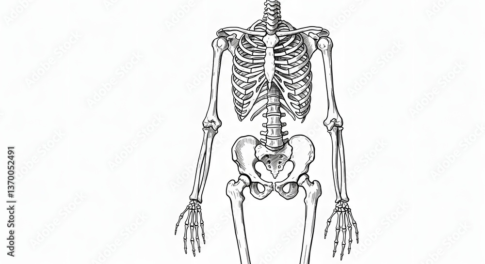 Anatomical Human Skeleton Torso Sketch Illustration in Black and White ...
