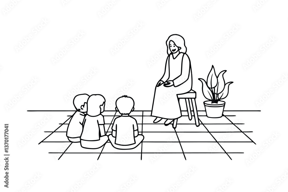 Jesus teaches children, simple line drawing, religious lesson ...