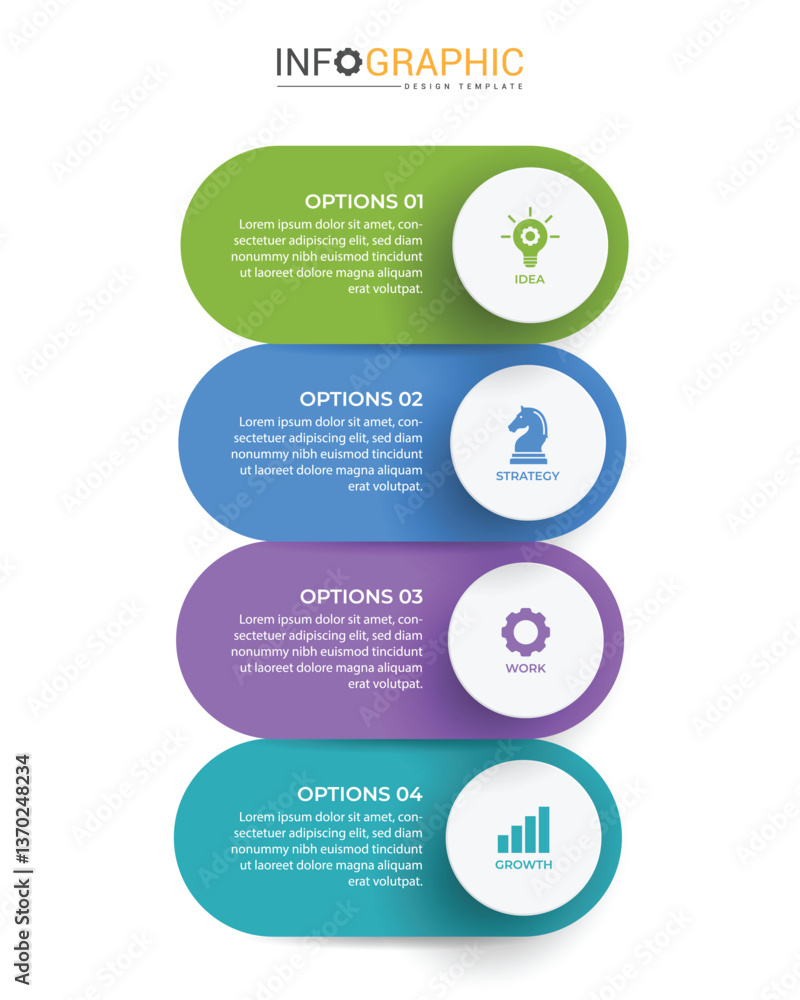 4 steps infographic template with 4 options. Flowchart that can be used for business report ...