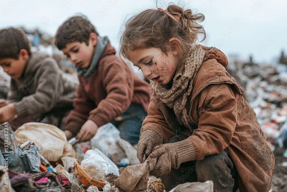 A group of children sorting through garbage at a landfill, their faces ...