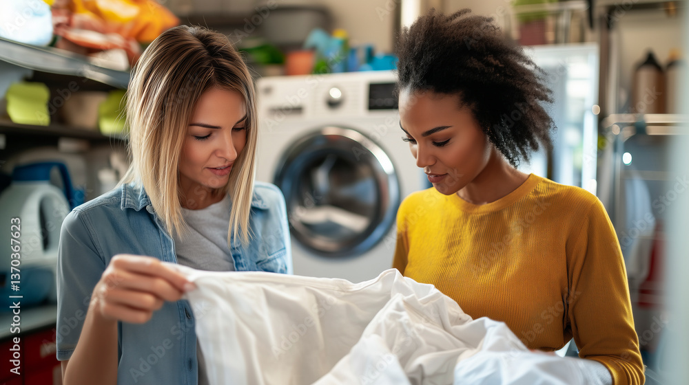 Two women doing laundry together in a home laundry room, checking the ...
