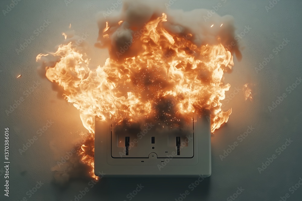 Close-Up of Sparking Electrical Outlet with Flames, Smoke, and Burn ...