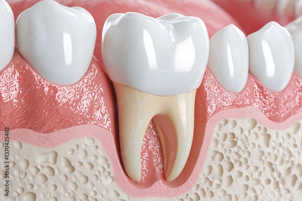 3D Cutaway Diagram of Human Gum Line with Teeth, Roots, Bone Structure ...