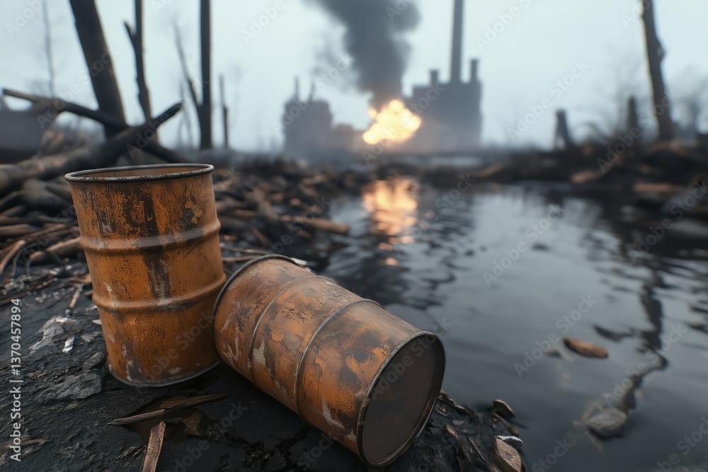 Toxic Waste Dump with Leaking Barrels, Polluted River, Industrial ...