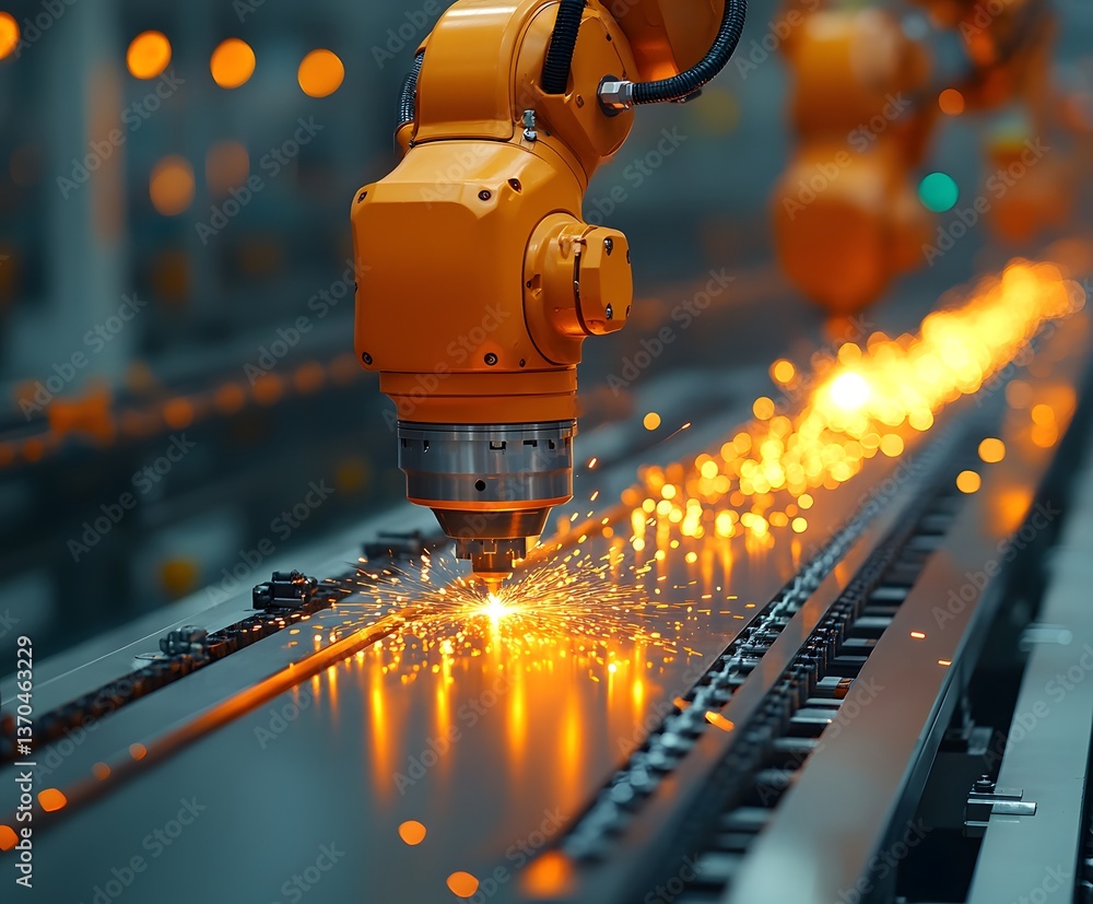 Robotic Precision: An industrial robot arm precisely welds a metal ...