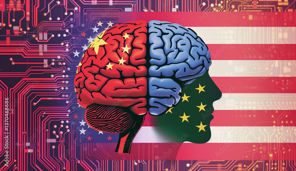The illustration depicts the Chinese flag and American flag ...