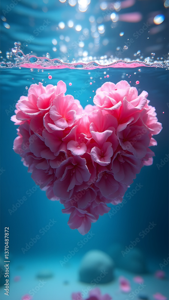 A floating heart sculpture made from rose petals in digital water ...