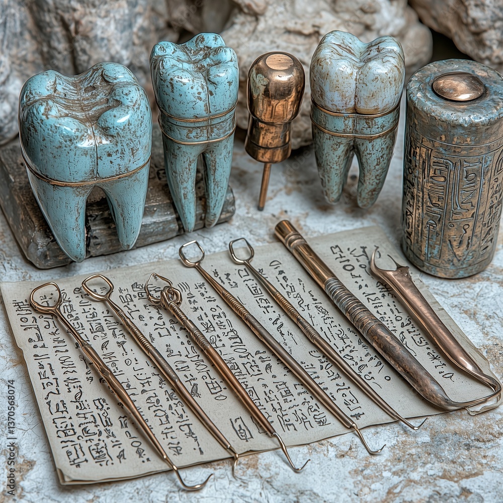 Museum-style photograph showcasing a set of ancient Egyptian dental ...