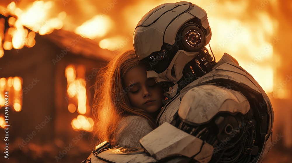 Futuristic humanoid robot rescuing a girl from a blazing fire ...