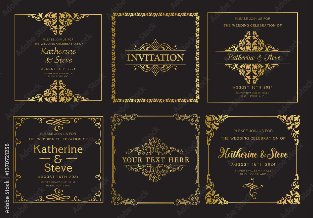 Gold square frame for invitation in modern vintage style. Frame ...