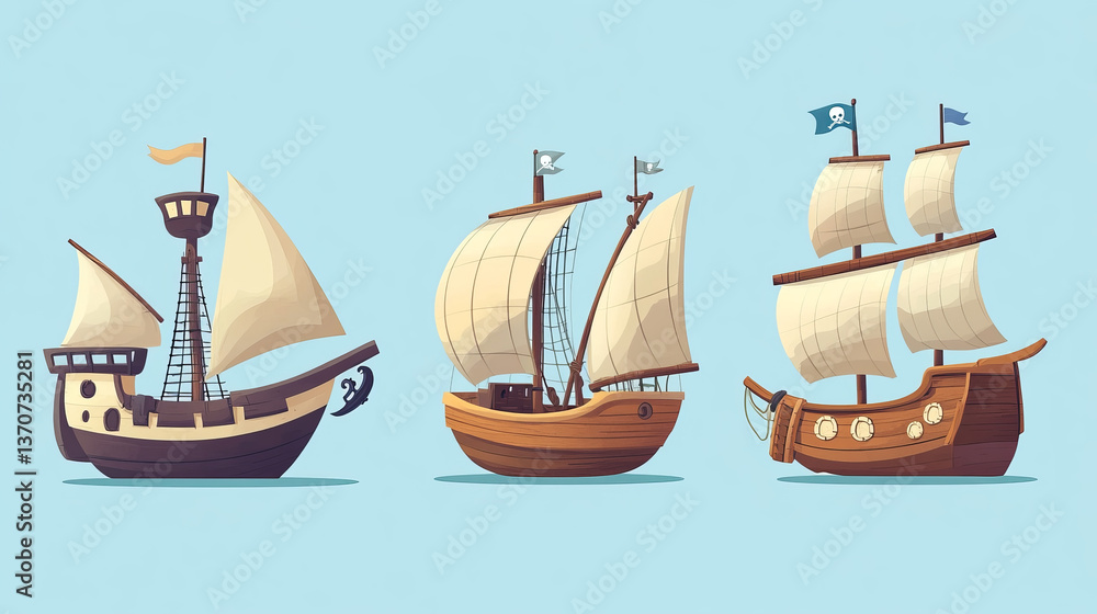 Sail and pirate boat with sails. Cartoon vector illustration set of ...