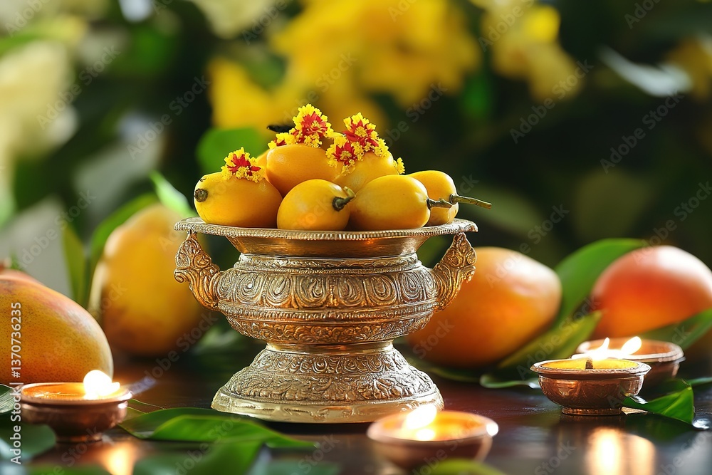 Happy Ugadi Greeting Card Background With Decorated Kalash and mangoes ...