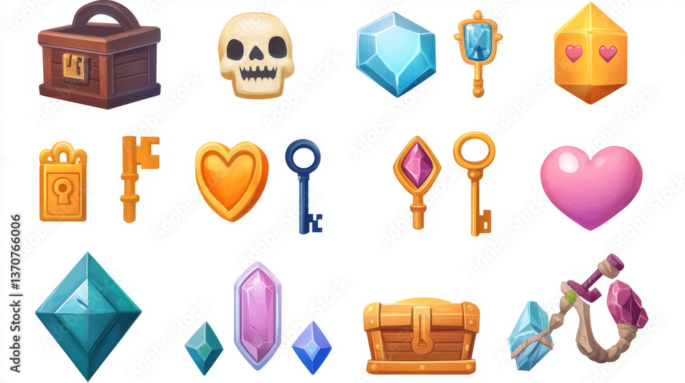 Cartoon game icons gold key, skull, xp, golden padlock, treasure chest ...