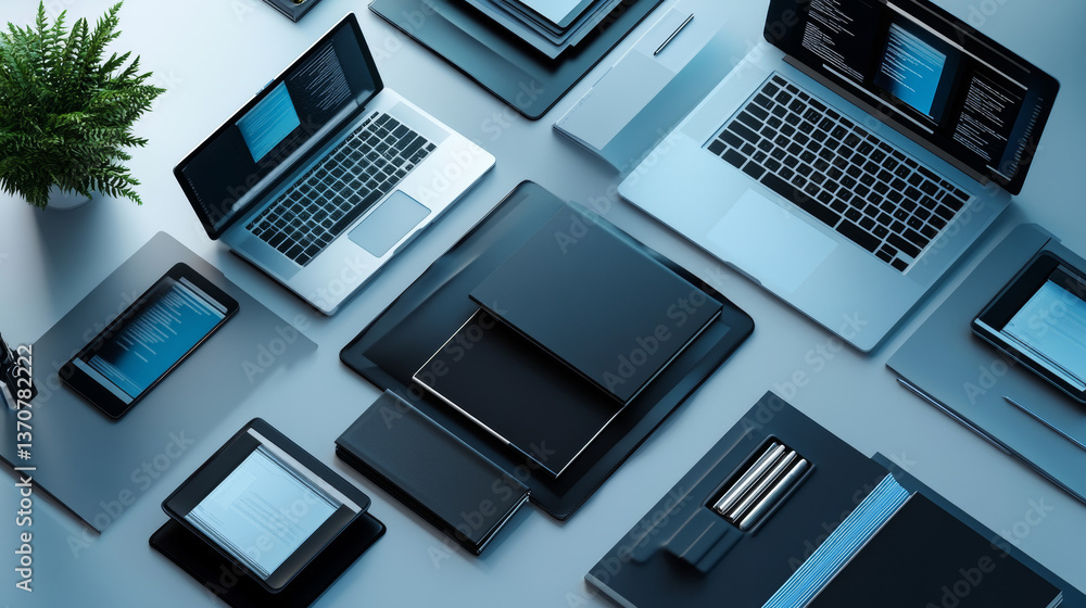 File transfer. Two laptops with folders on screen and transferred ...