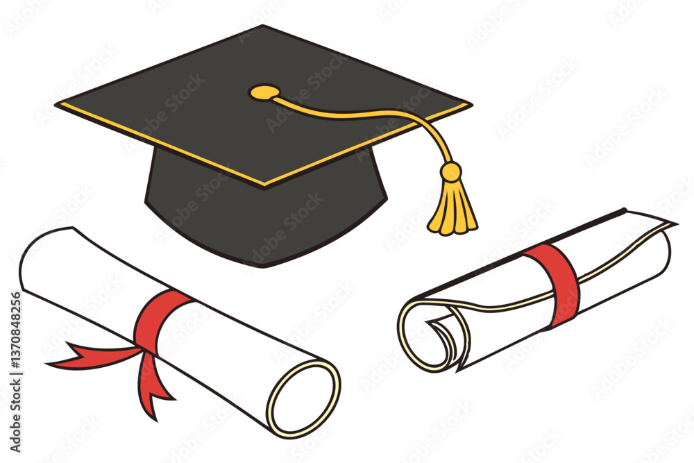 1 Graduation caps, diplomas, academic achievement, black mortarboards, yellow tassels, rolled ...