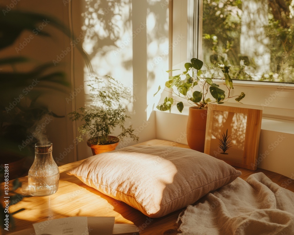 Soft Golden Mindfulness Serene Biophilic Wellness Sanctuary for Holistic Self-Care, Minimalist ...