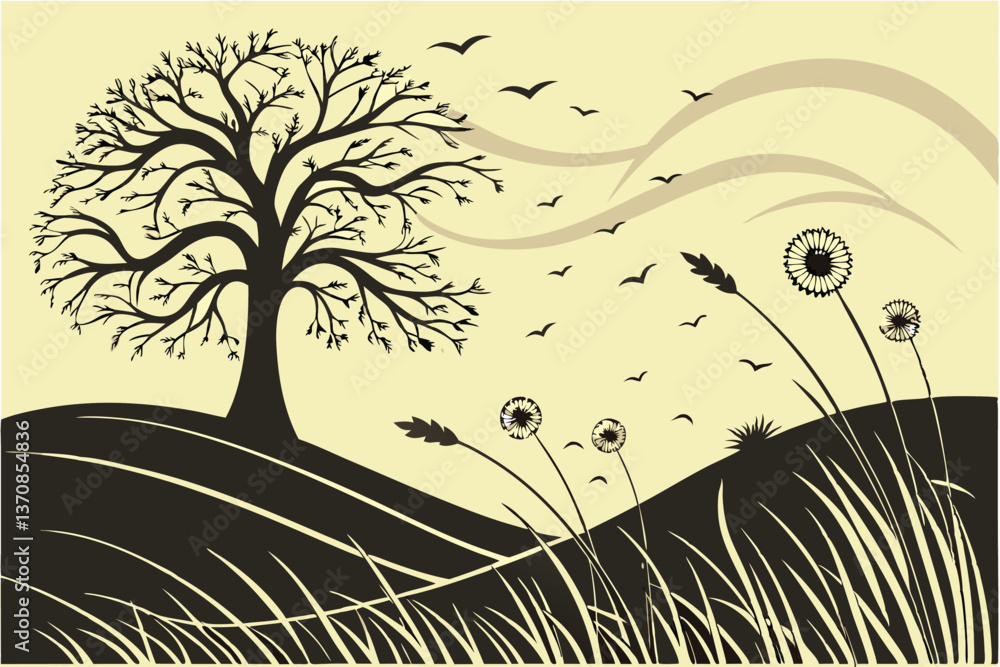 Vector de Stock 4 Silhouette landscape, Bare tree, Dandelions, Floating ...