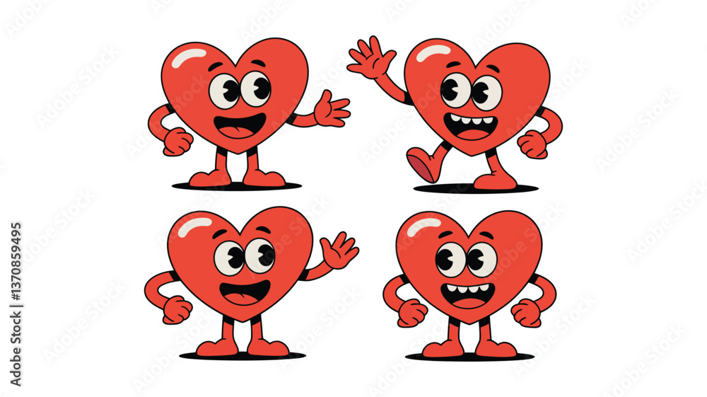 Hearts Cartoon Set: Four cartoon hearts with different poses, full of ...
