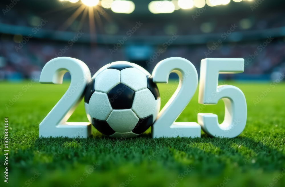 soccer ball on green grass with numbers 2025 on stadium, 2025 ...