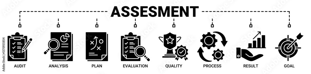 Assessment banner web icon vector illustration with icons solid black ...