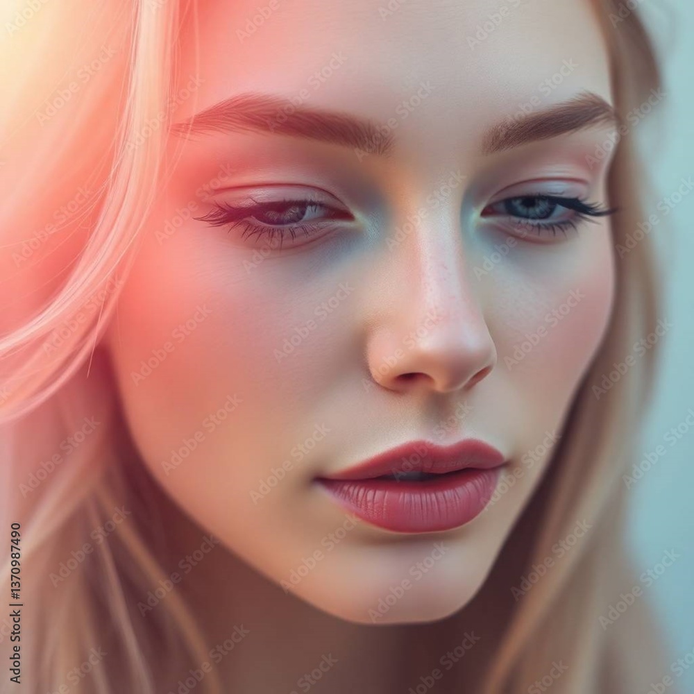 High-resolution stock photo Close-up of a female model's face, soft features, radiant skin, and ...