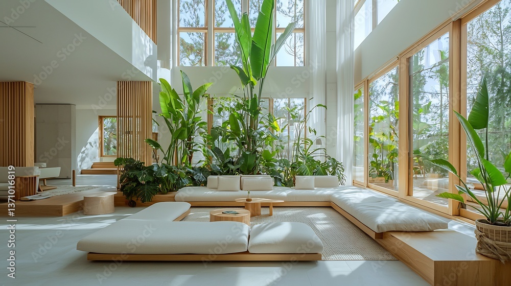 Tranquil biophilic design living space lush indoor plants large open ...