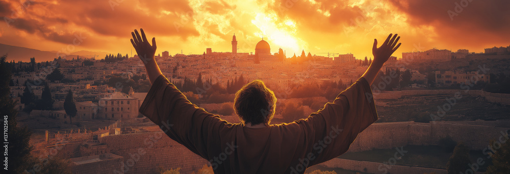 prophet man in Hebrew clothes raising his hands over the people of ...