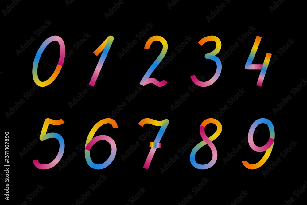 Set of arabic numerals, red blue yellow gradient, black background ...